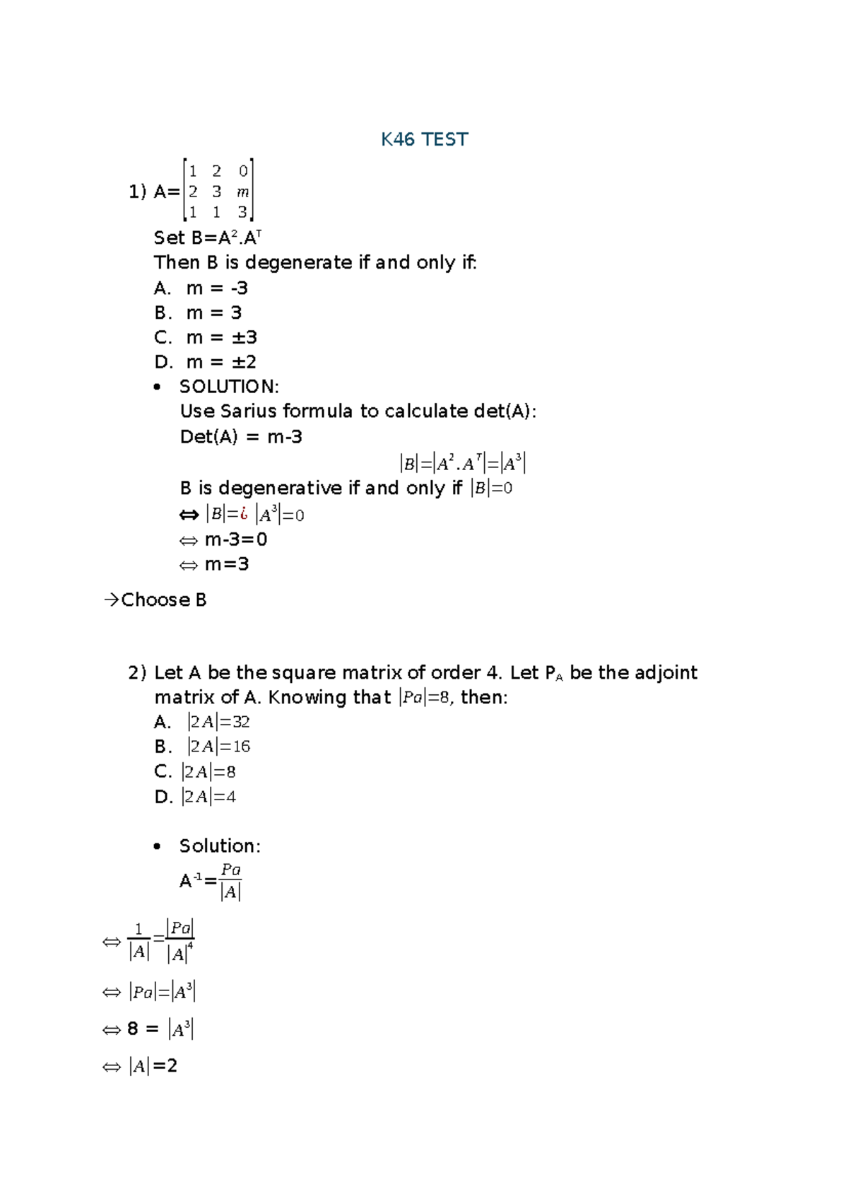 K46 TEST - ĐỀ THI KTHP K46: Matrix Determinants & Solutions - Studocu