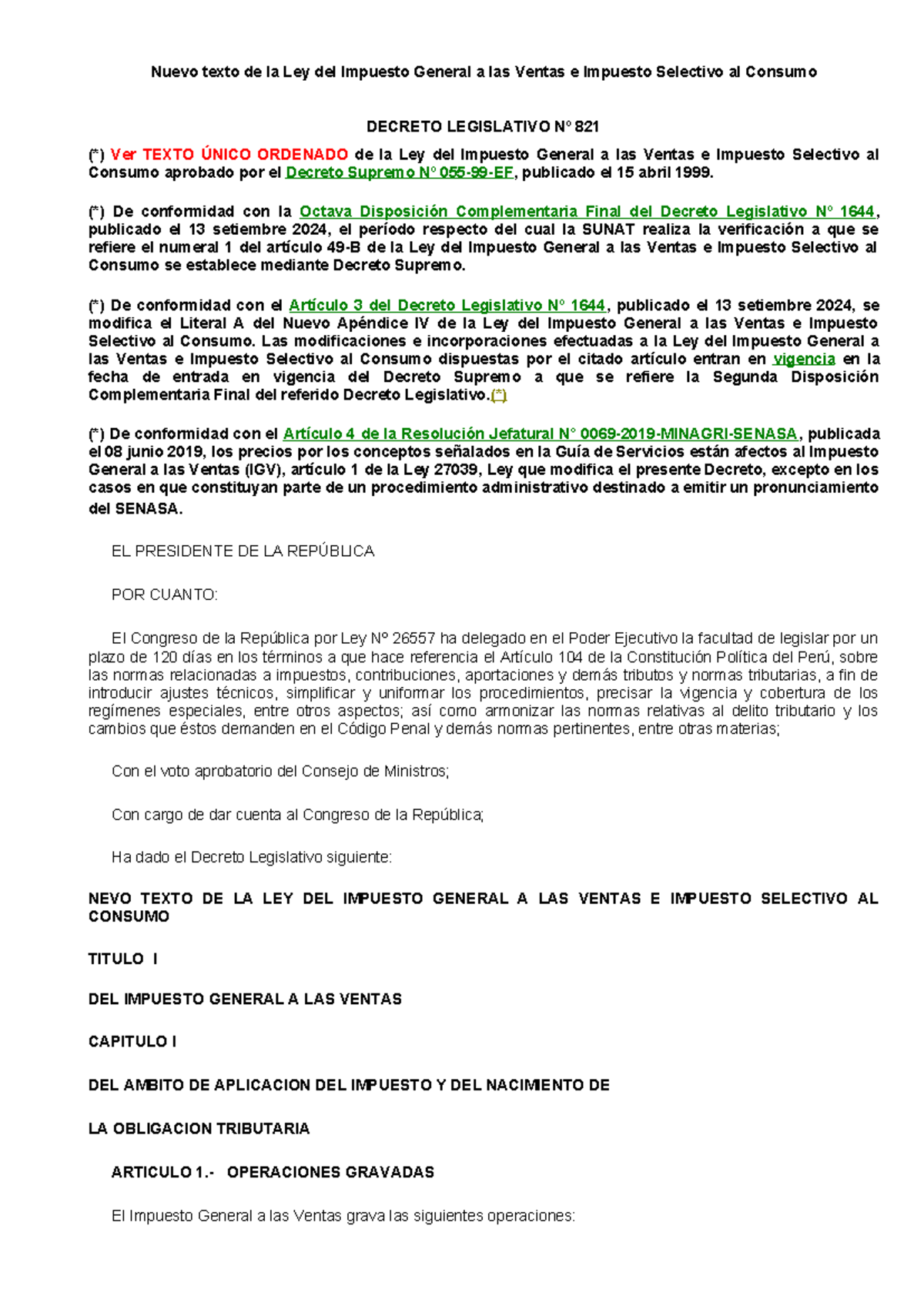 Nuevo Texto de la Ley del Impuesto General a las Ventas - DL 821 - Studocu