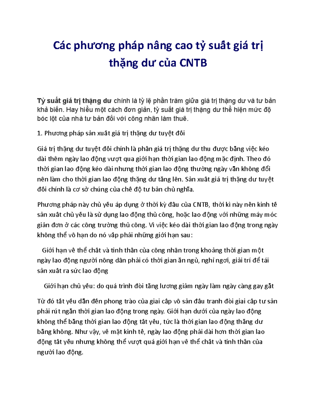 Các phương pháp nâng cao tỷ suất giá trị thặng dư của CNTB - Kinh tế ...