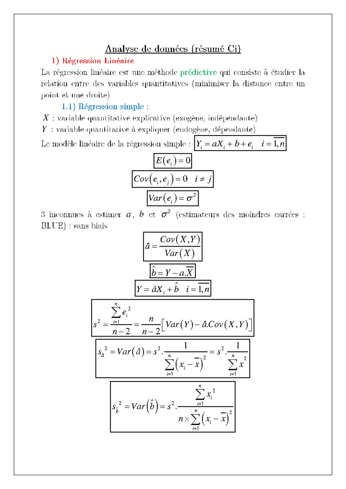 Résumé Ci - analyse de donn"es - X Y Yi aX i b ei i 1,n E e i 0 Cov e e ...