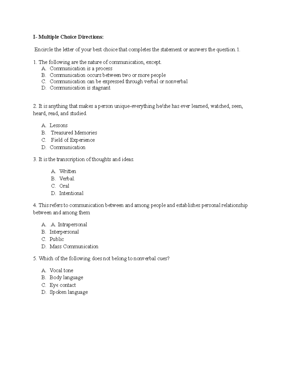 COMM 101: Multiple Choice Quiz on Communication Concepts - Studocu