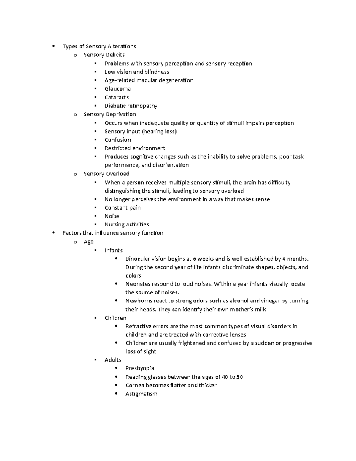 Sensory alterations chapter 38 - Types of Sensory Alterations o Sensory ...