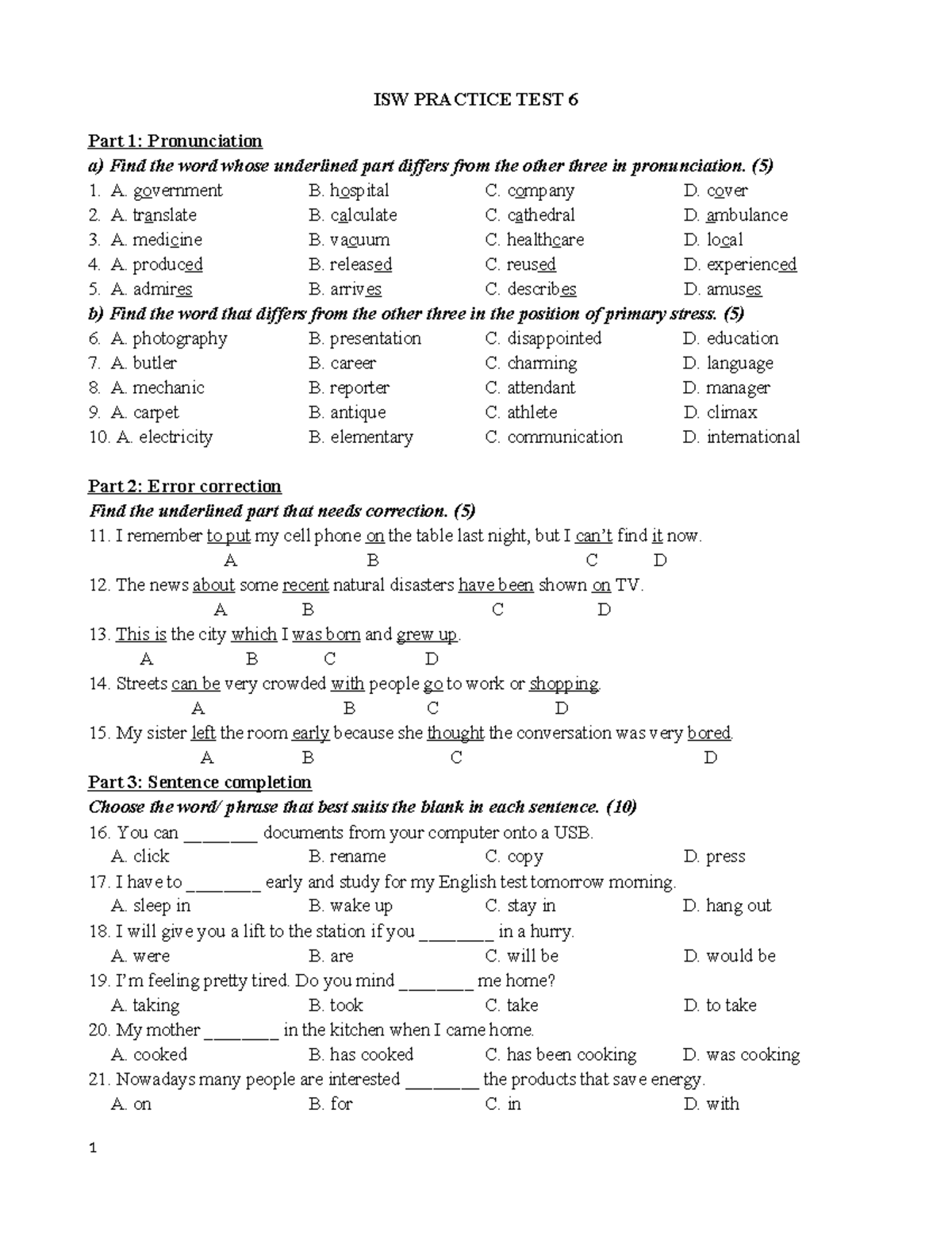 ISW PRACTICE TEST 6: Pronunciation, Error Correction, and Comprehension ...