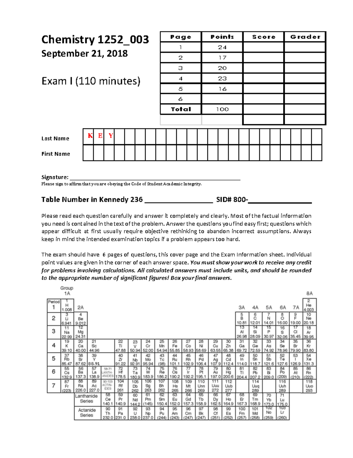 CHEM 1252 Practice Exam 1 Answer Key (Fall 2018) - Studocu