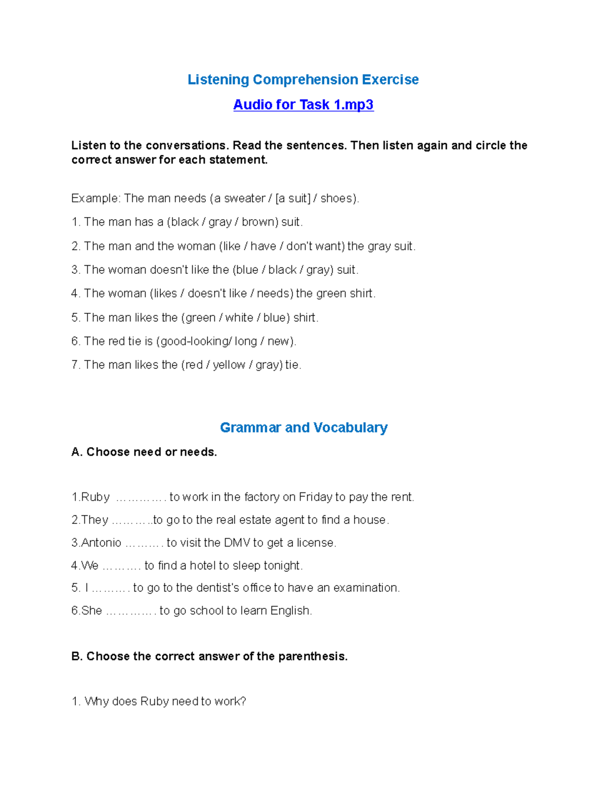 Exercises FOR TASK 1 E. 4 - Listening Comprehension Exercise Audio for ...
