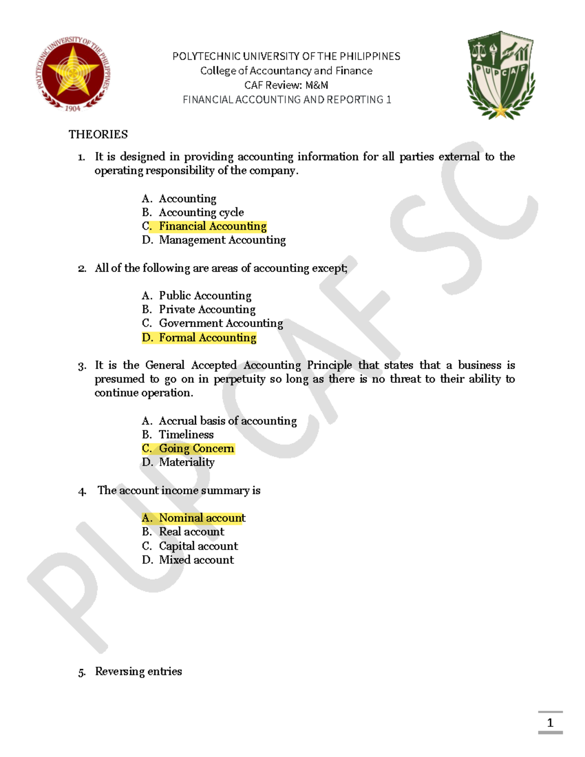 Financial Accounting and Reporting 1 CAF Midterm Review with Answers - Studocu