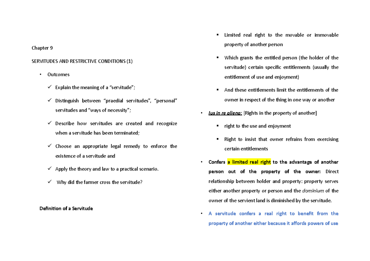 Servitudes and Restrictive Conditions Notes for Law 101 - Studocu