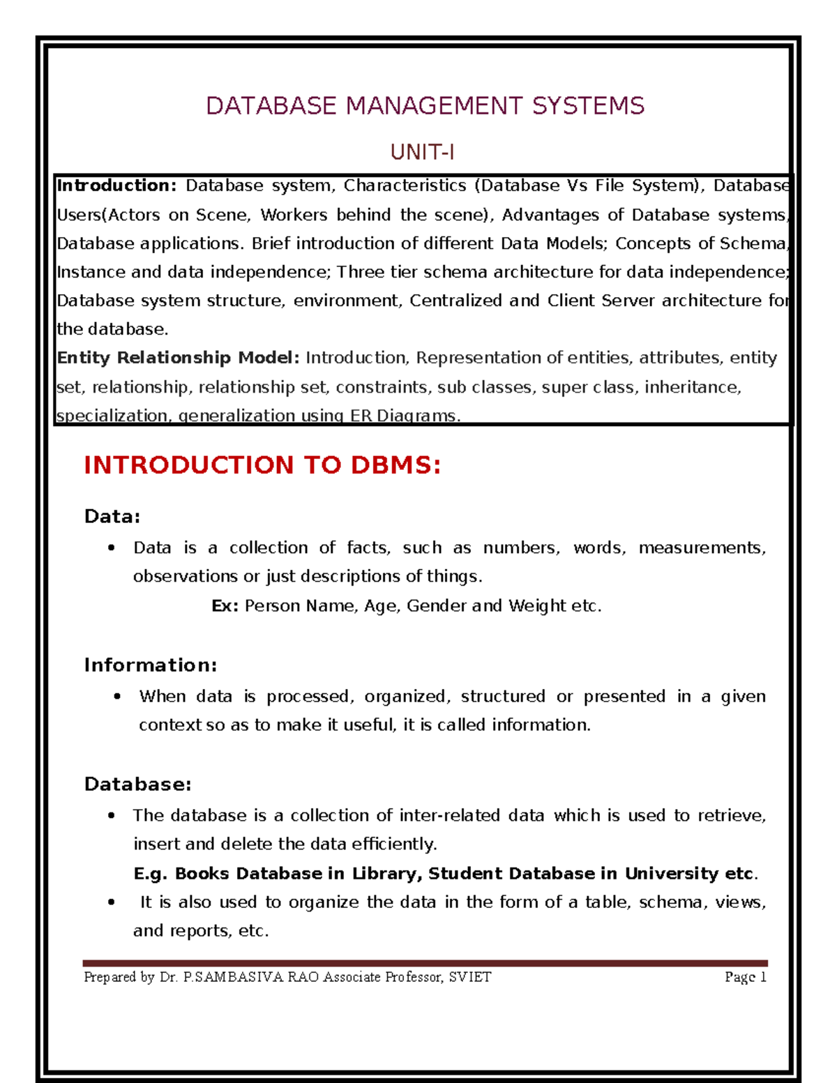 DATABASE MANAGEMENT SYSTEMS (DBMS) UNIT-1: Concepts, Models, and ...