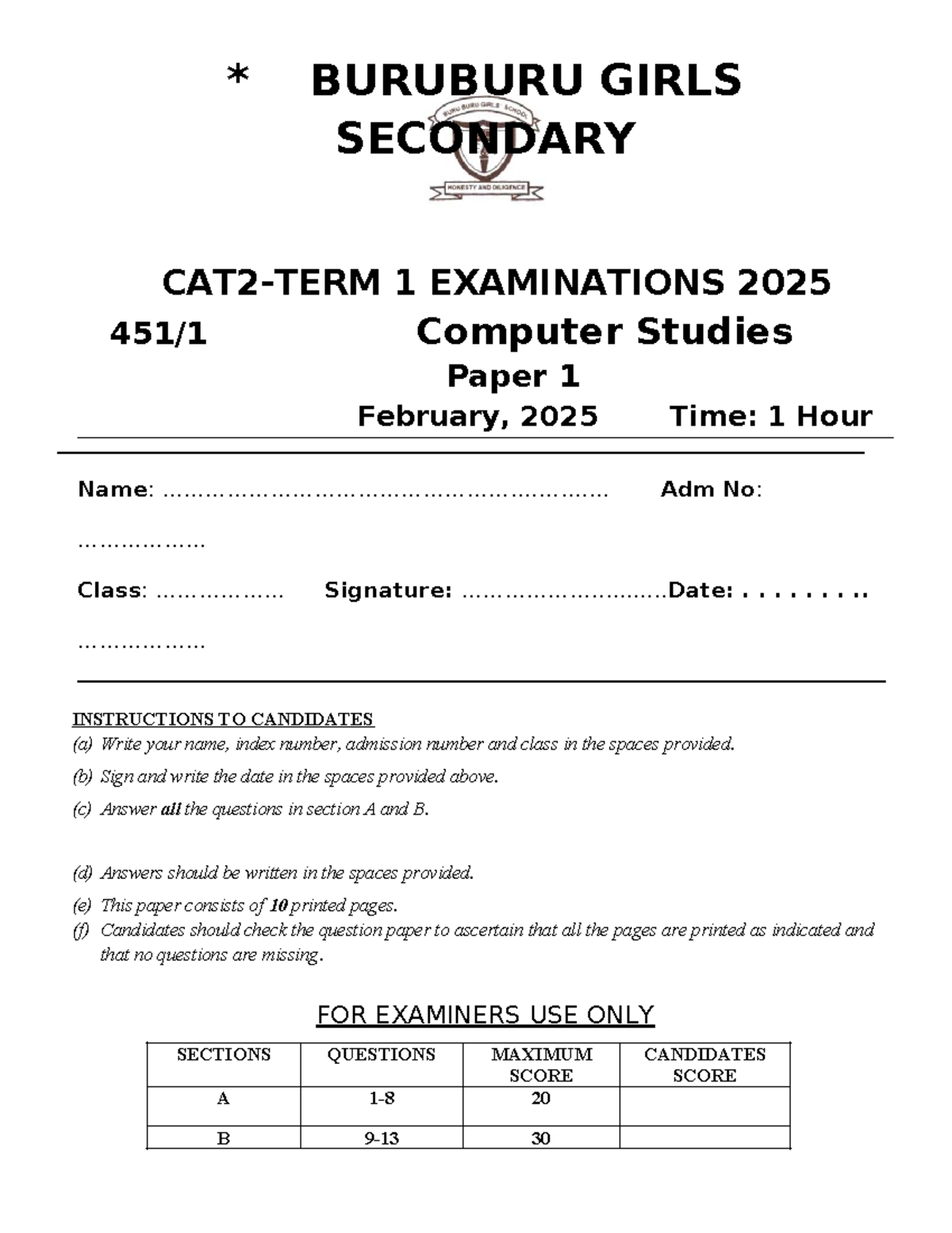 BURUBURU GIRLS SEC 1 COMPUTER STUDIES EXAM PAPER 1 - FEB 2025 - Studocu
