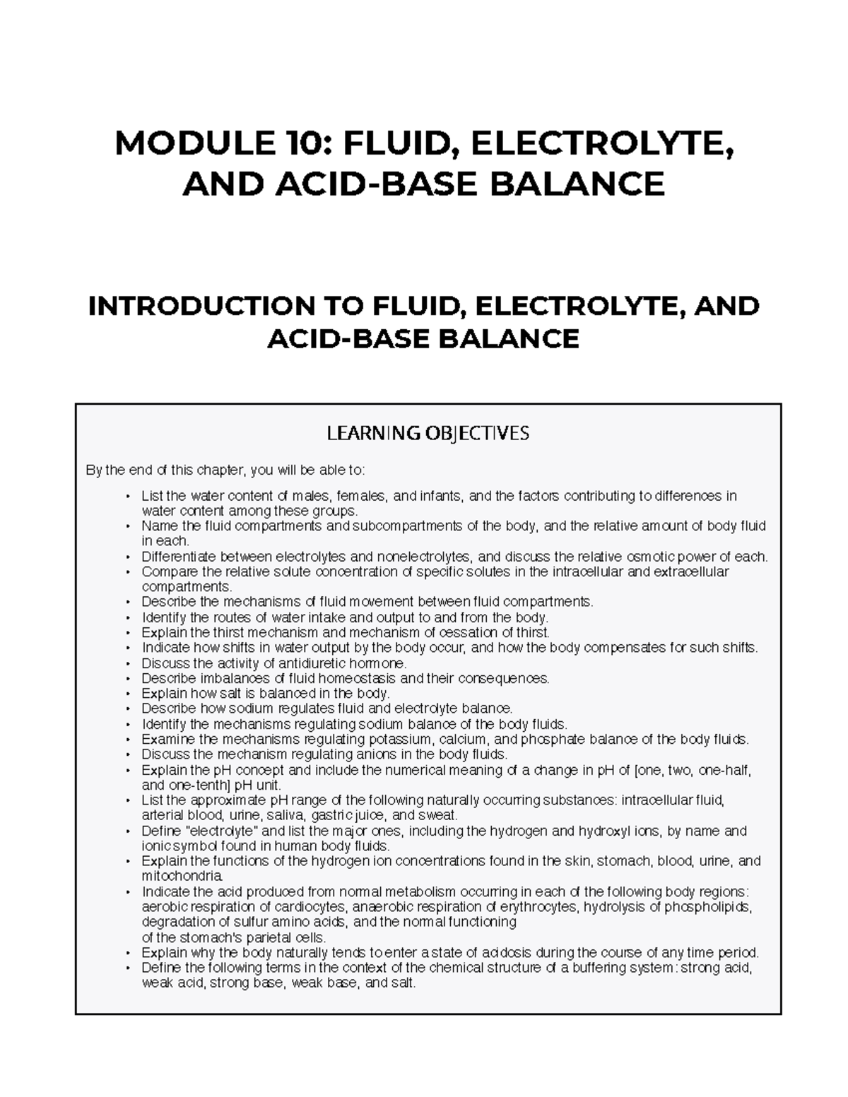 Module 10: Understanding Fluid, Electrolyte & Acid-Base Balance - Studocu