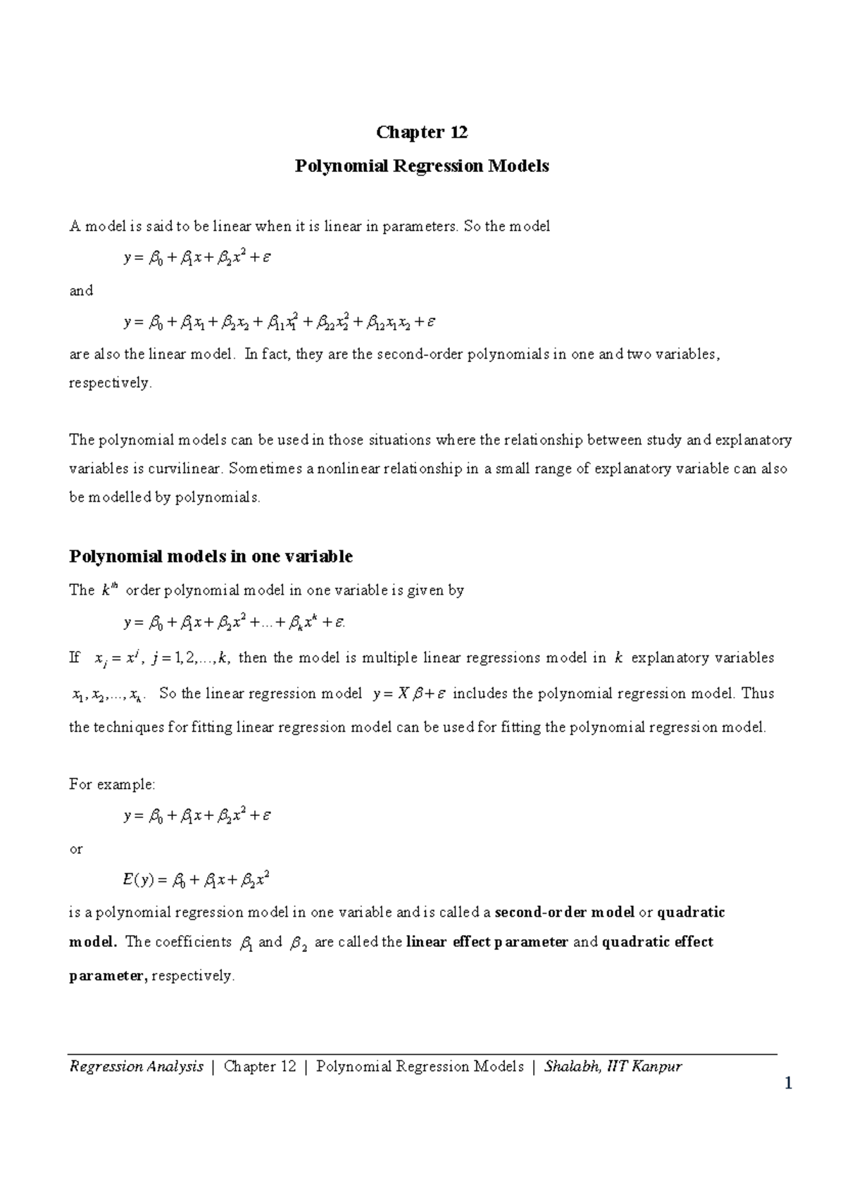 Chapter 12: Polynomial Regression Models - Analysis and Considerations ...