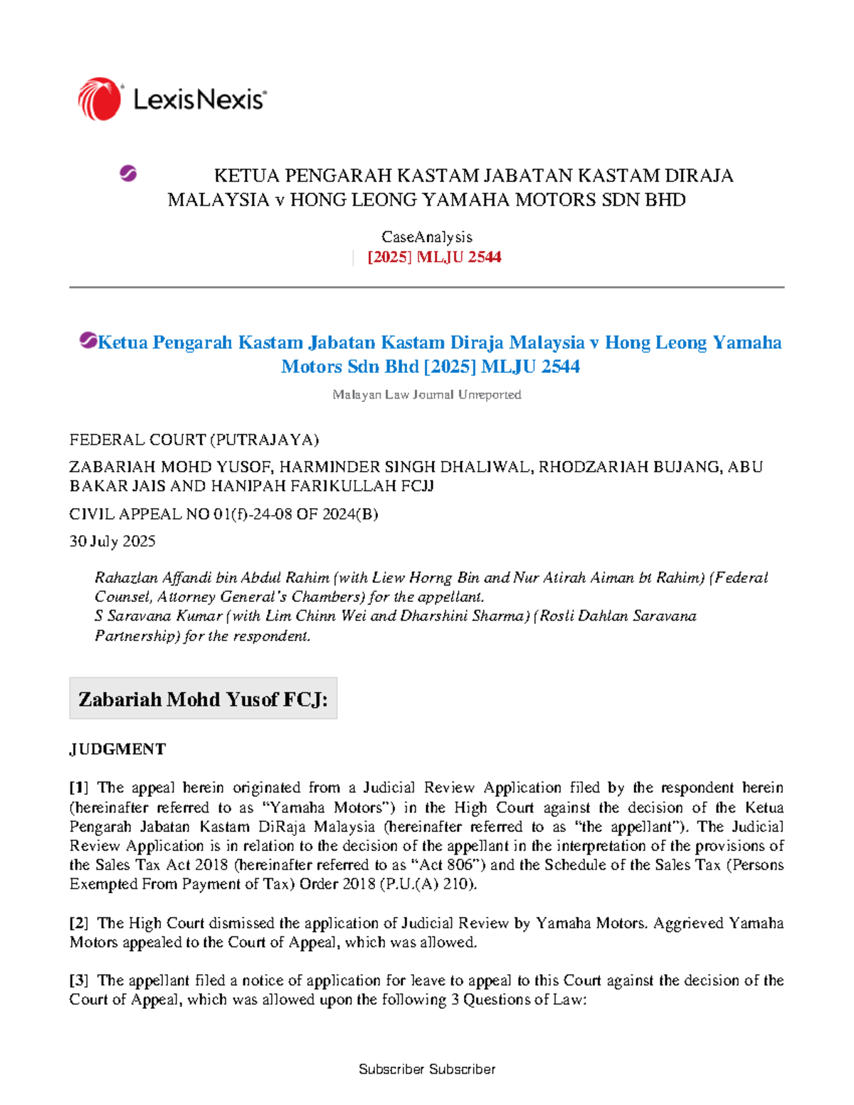 Ketua Pengarah Kastam v Hong Leong Yamaha Motors Case Analysis MLJU ...