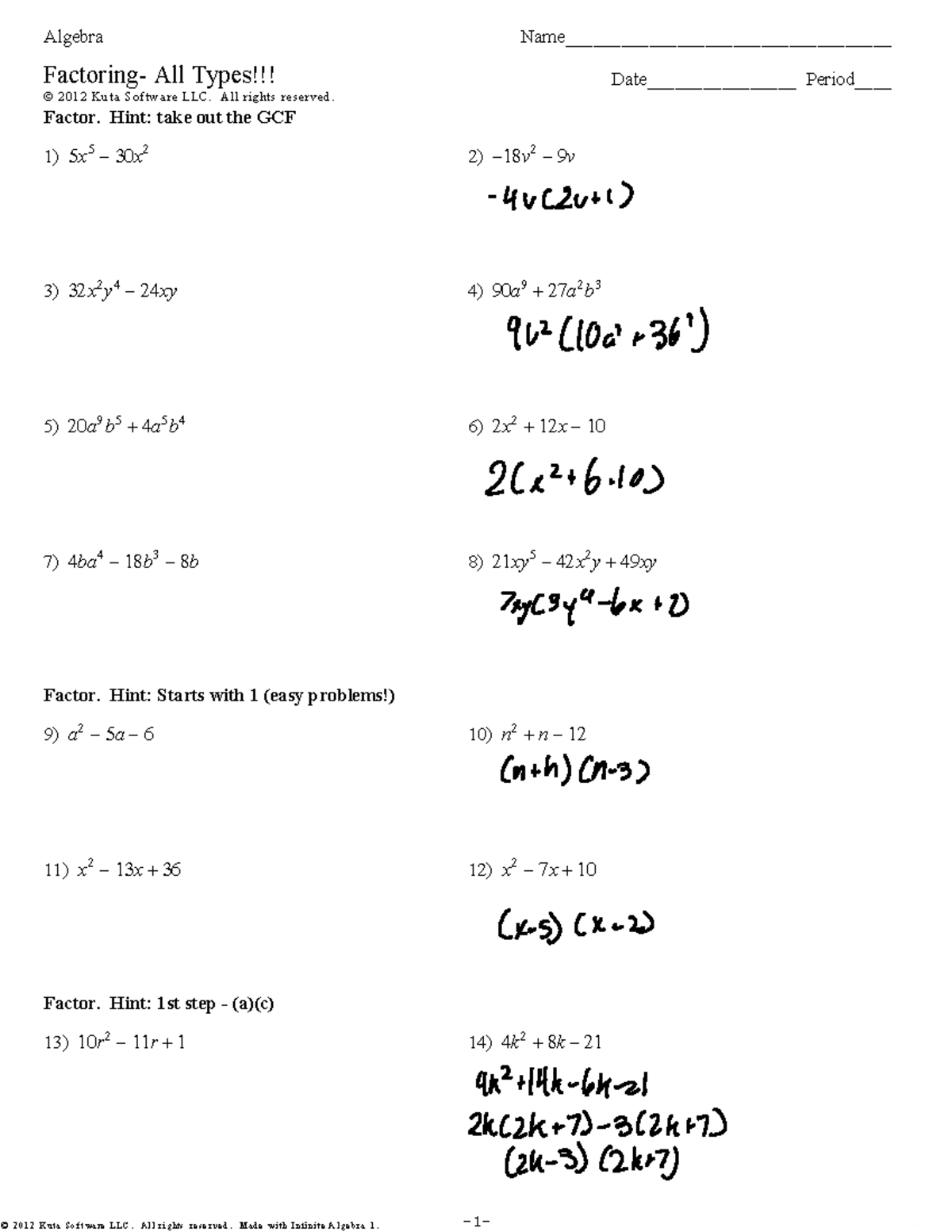 Algebra R2L0k122g: Factoring All Types Worksheet - Studocu
