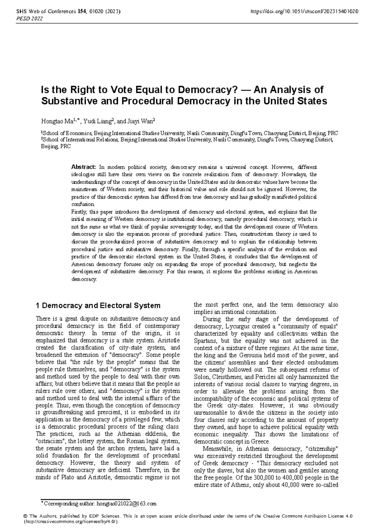 Procedural democracy in america - Corresponding author: hongtao021022 ...
