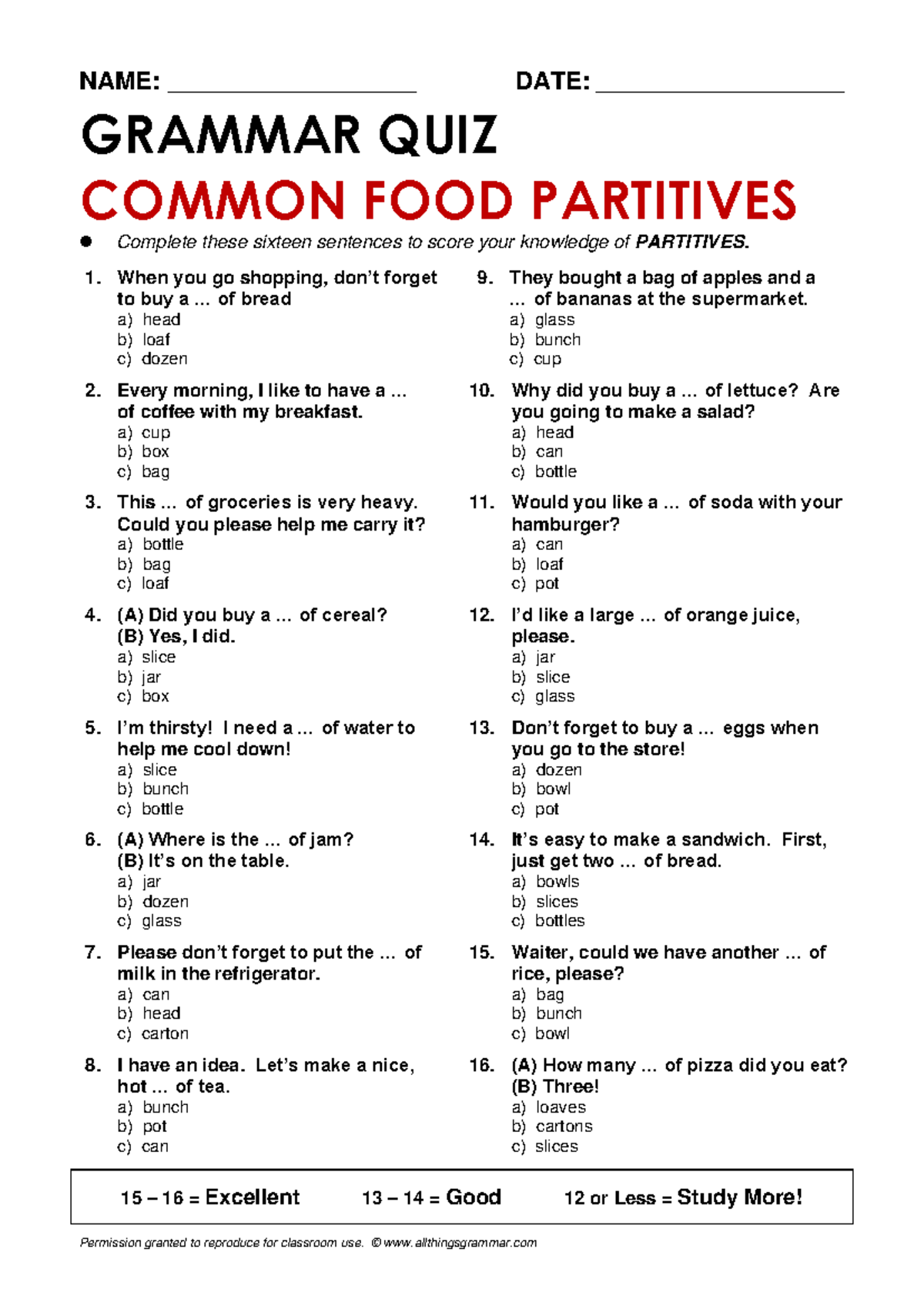 Atg Grammar Quiz: Common Food Partitives - Studocu