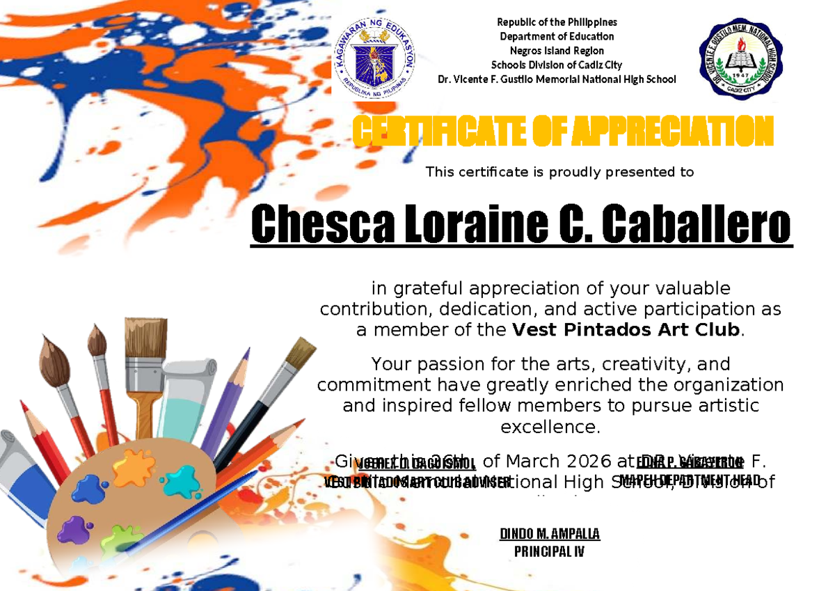Certificate of Appreciation for Vest Pintados Art Club Members - Studocu