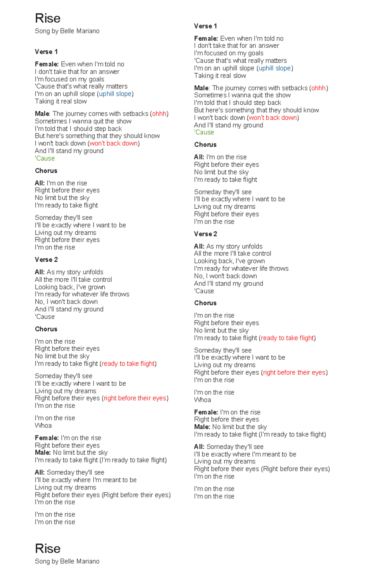 Rise Song Lyrics - Belle Mariano (RISE) - Studocu
