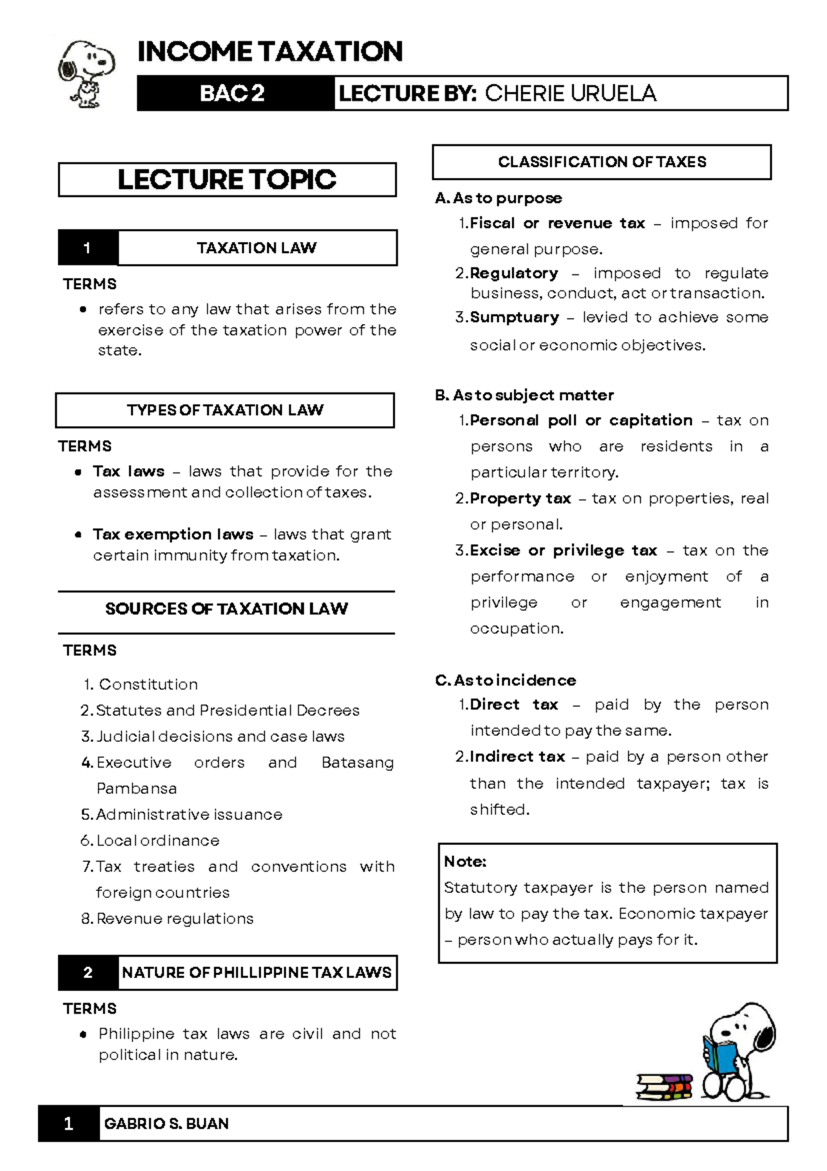 INCOME TAXATION BAC 2 LECTURE: CLASSIFICATION OF TAXES REVIEWER - Studocu