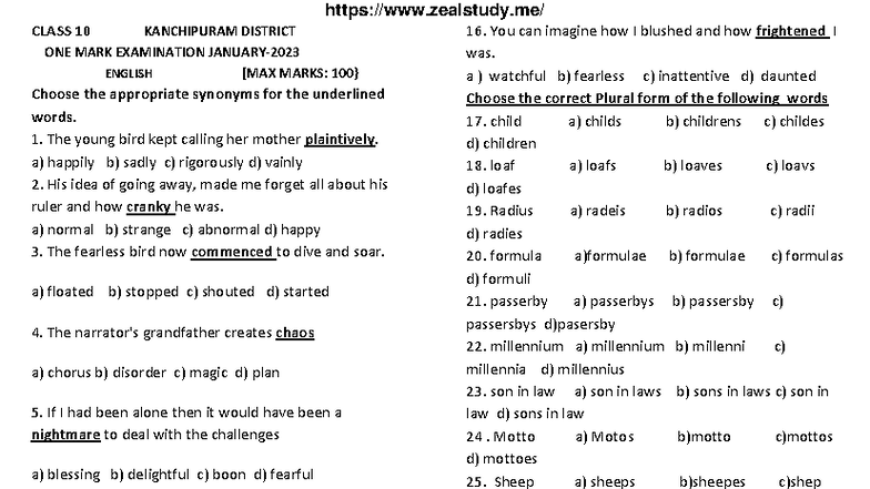 CLASS 10 ENGLISH ONE MARK EXAMINATION STUDY MATERIALS - Studocu