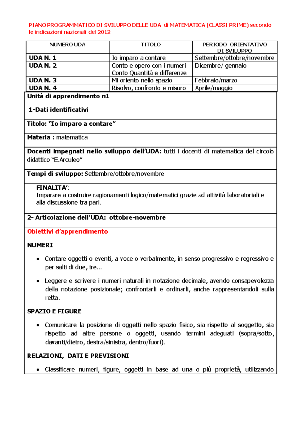 Piano Programmatico UDA di Matematica per Classi Prime (2012) - Studocu