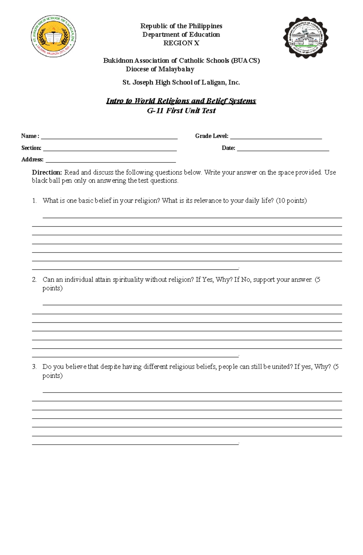 Intro to World Religions and Belief Systems G-11 First Unit Test S.Y ...