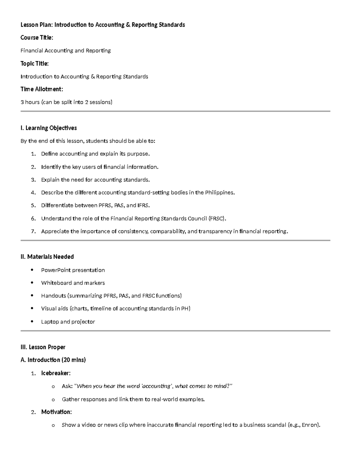Lesson Plan: Intro to Accounting Reporting Standards (FINACC 101) - Studocu