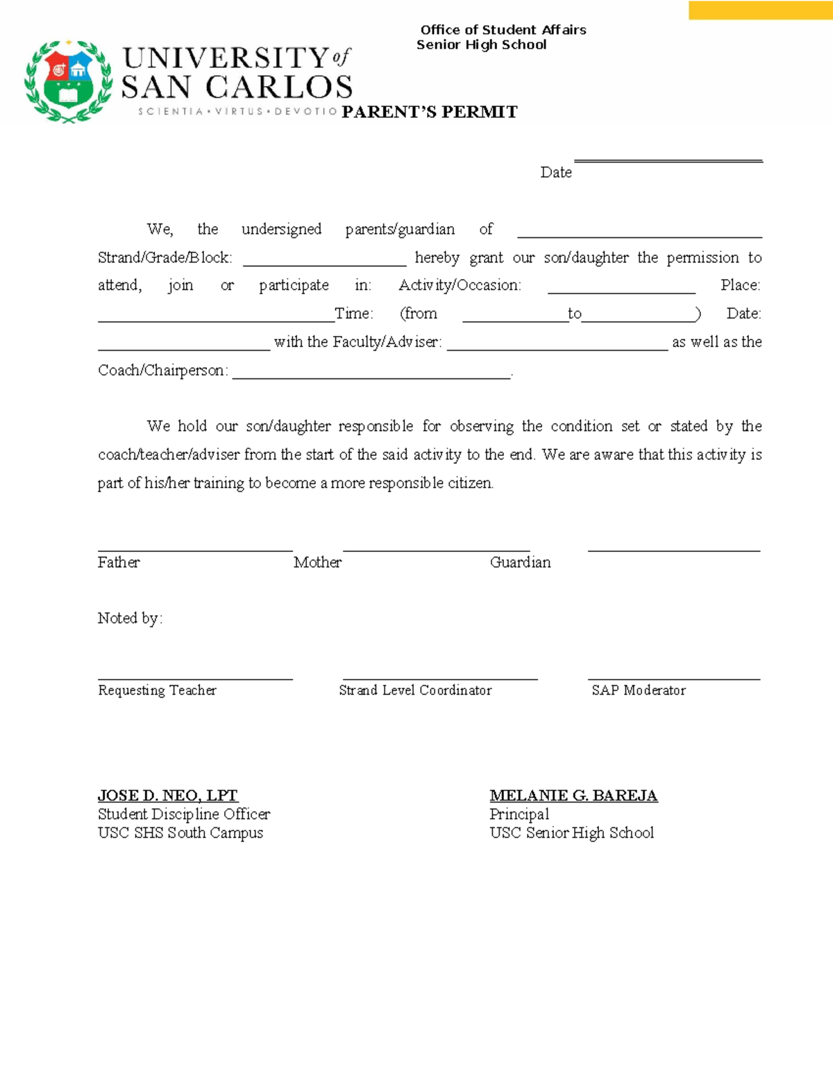 Parents- Permit - OYIN - Office of Student Affairs Senior High School ...