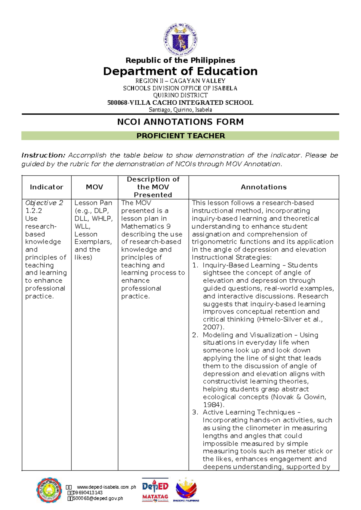 NCOI Annotations Form for Teacher IV: Proficient Teacher Evaluation - Studocu