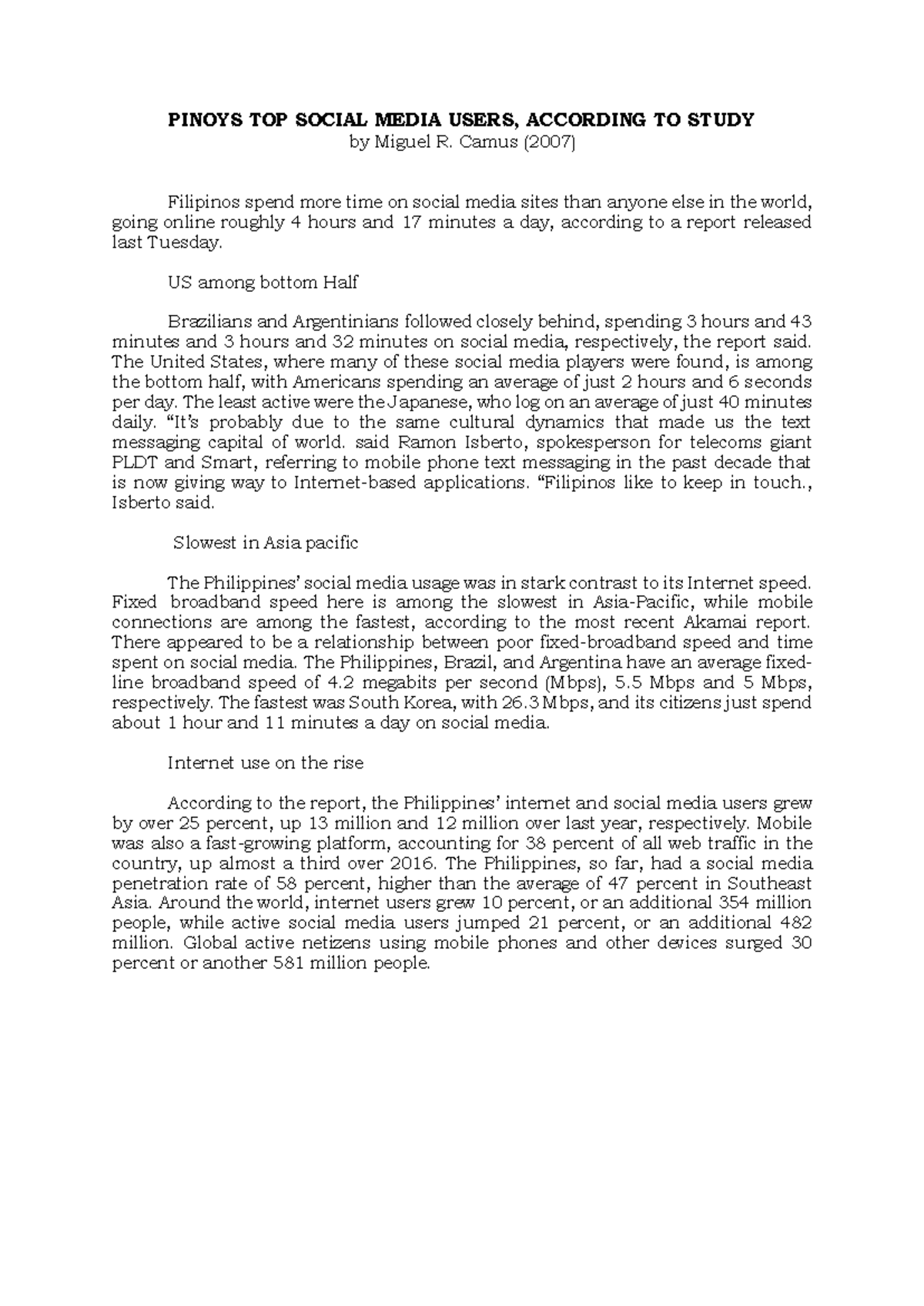 EMP TECH Activity Sheet #1 - PINOYS TOP SOCIAL MEDIA USERS, ACCORDING ...