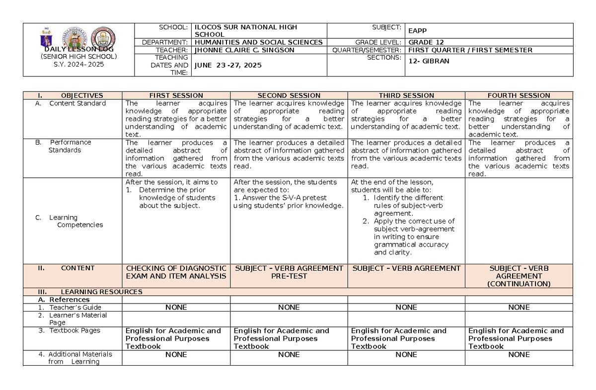 Q1 - W2 - EAPP - Daily Lesson Log for Grade 12 Humanities - Studocu