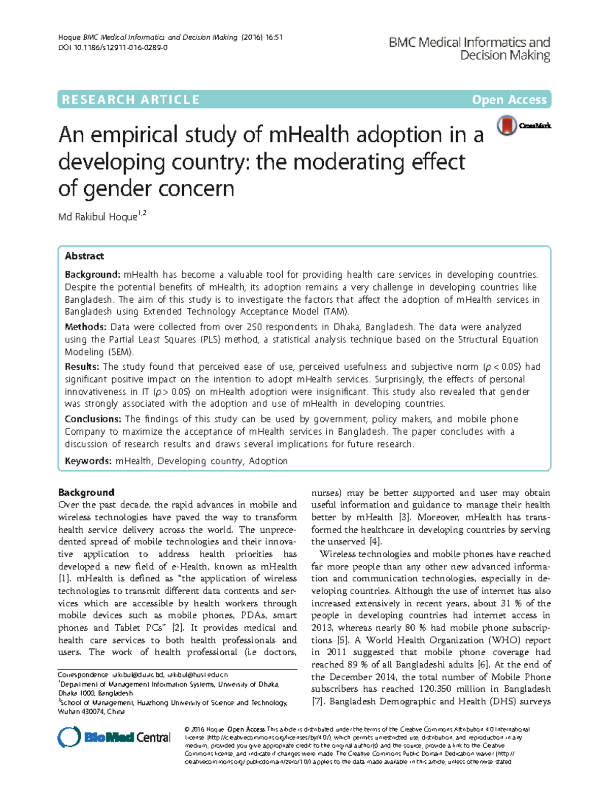 mHealth Adoption in Bangladesh: Gender Effects and TAM Insights (BMC ...