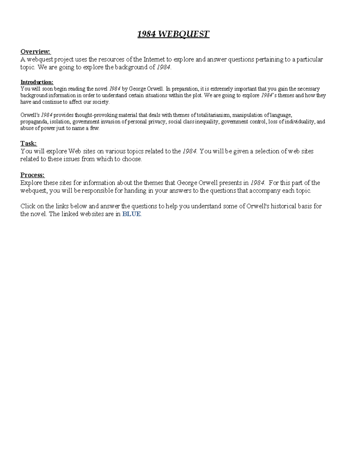 1984 WEBQUEST: Exploring Themes & Background of Orwell's Novel - Studocu