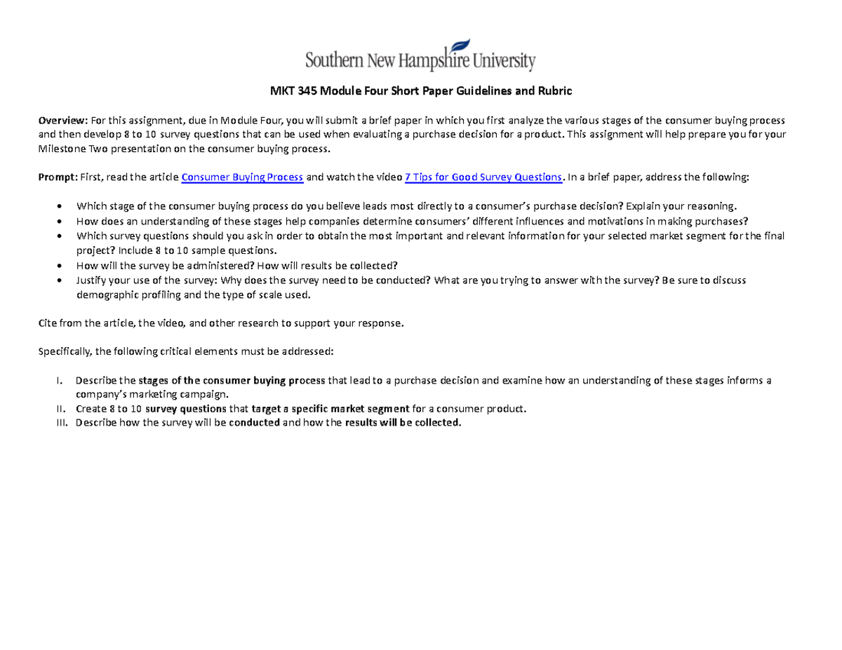 MKT 345 Module Four Short Paper: Consumer Buying Process and Survey ...