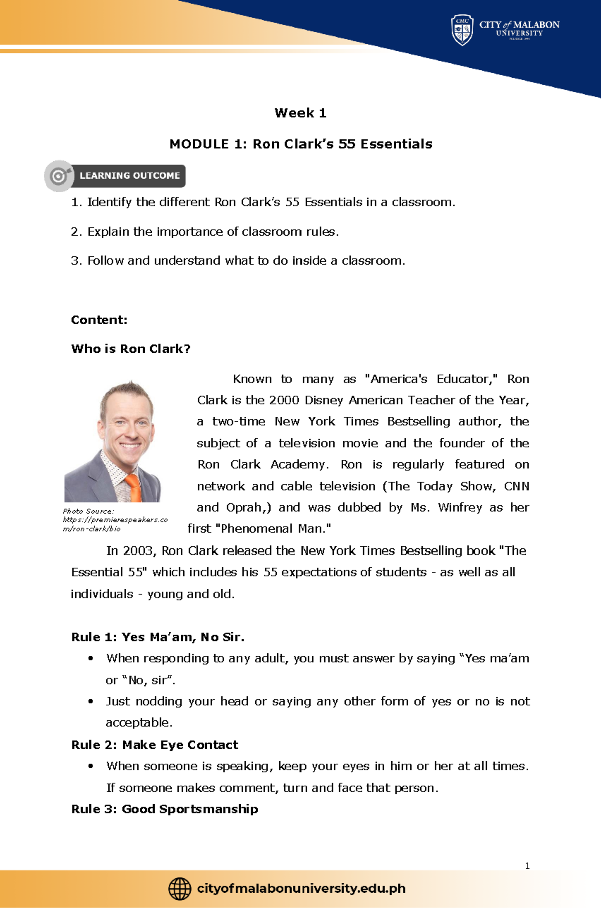 Module 1 - Ron Clark’s 55 Essentials - Week 1 MODULE 1: Ron Clark’s 55 ...