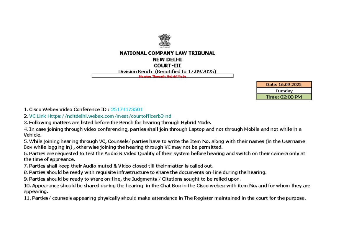 NCLT New Delhi Cause List for Hearing on 17.09.2025 - Studocu