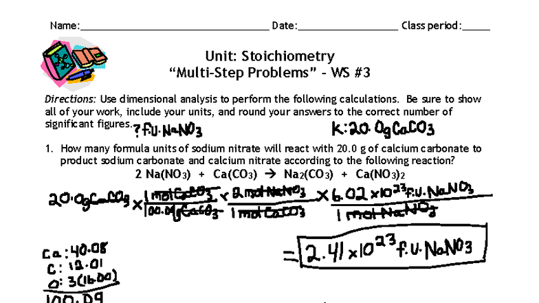 Stoichiometry WS: Dimensional Analysis Calculations for ChemClass - Studocu