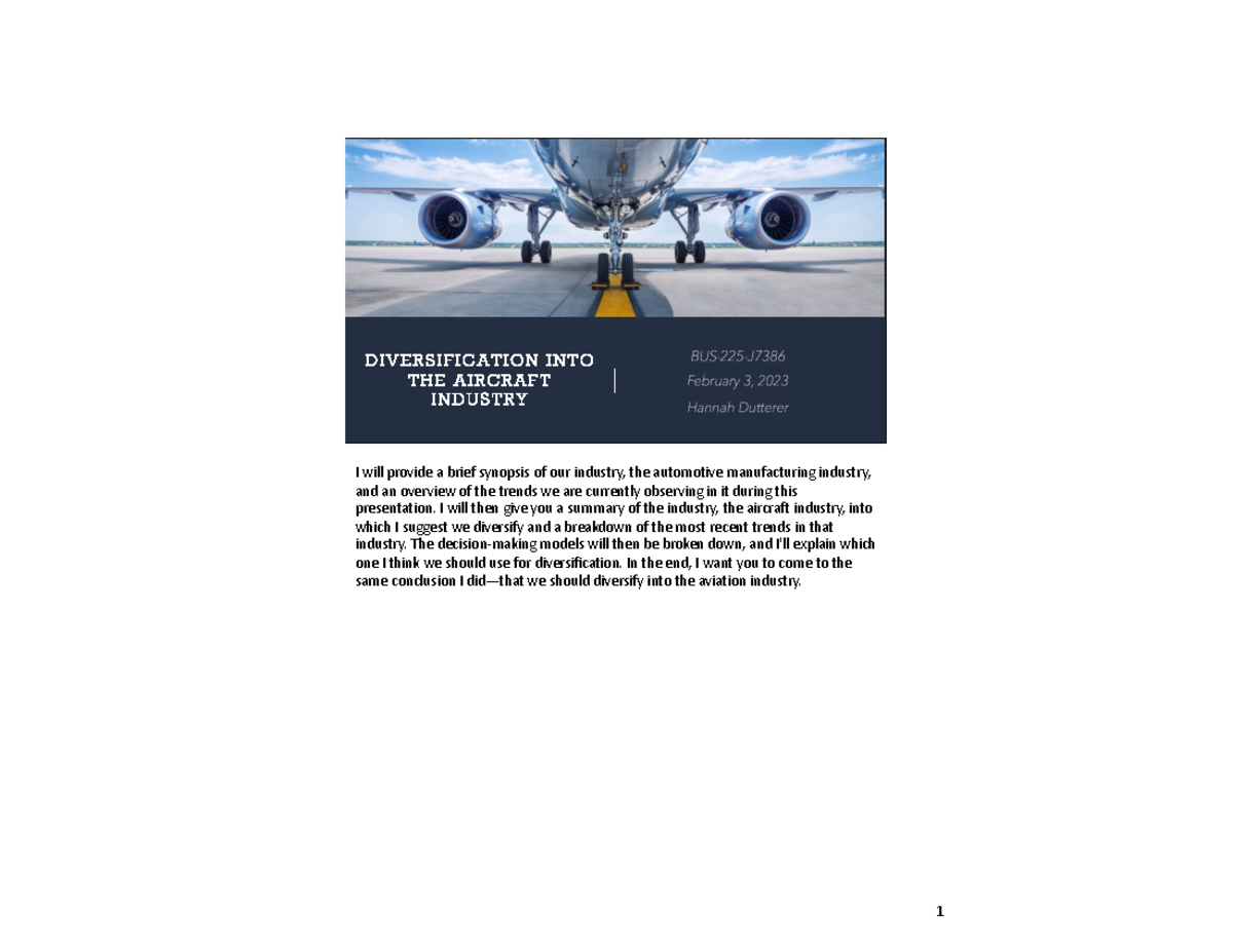 BUS 225 Project Two - Diversification into the Aviation Industry - Studocu