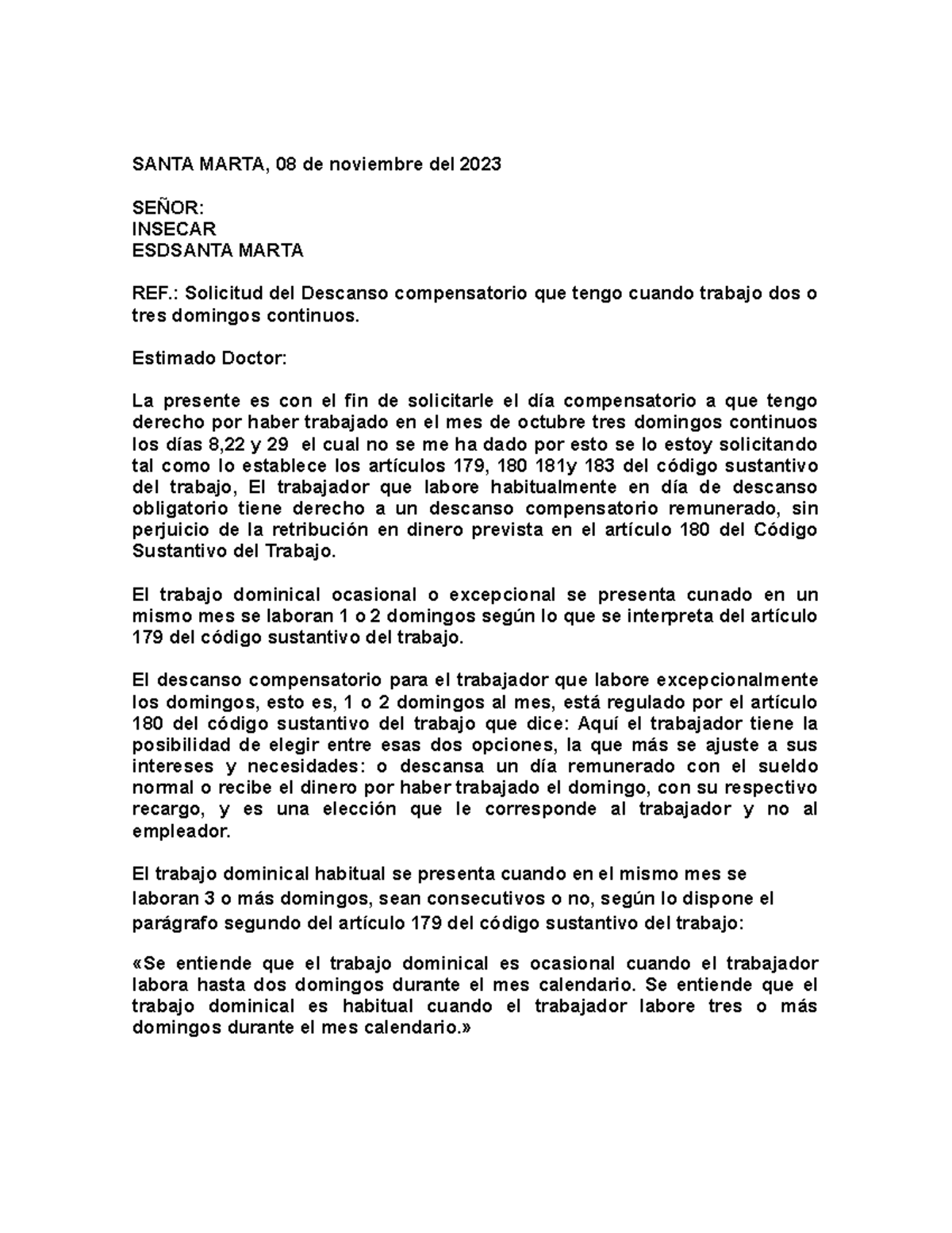 Solicitud de Descanso Compensatorio por Trabajo Dominical - Studocu