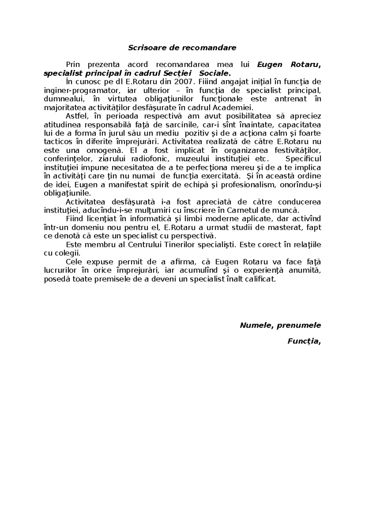 Scrisoare de Recomandare pentru Eugen Rotaru - Model Exemplu - Studocu