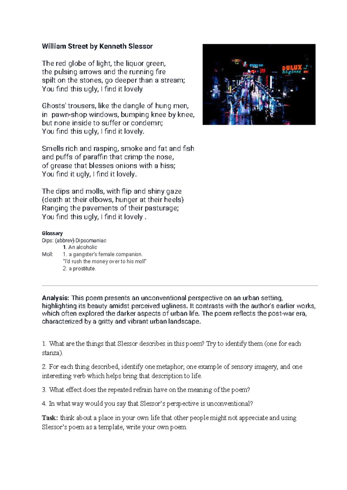 William Street by Kenneth Slessor questions and writing task - William ...