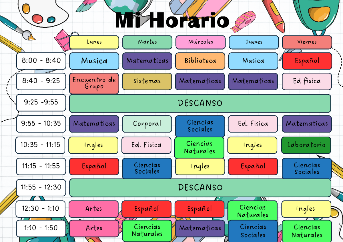 Horario escolar creativo ilustrativo multicolor - Mi Horario Lunes ...
