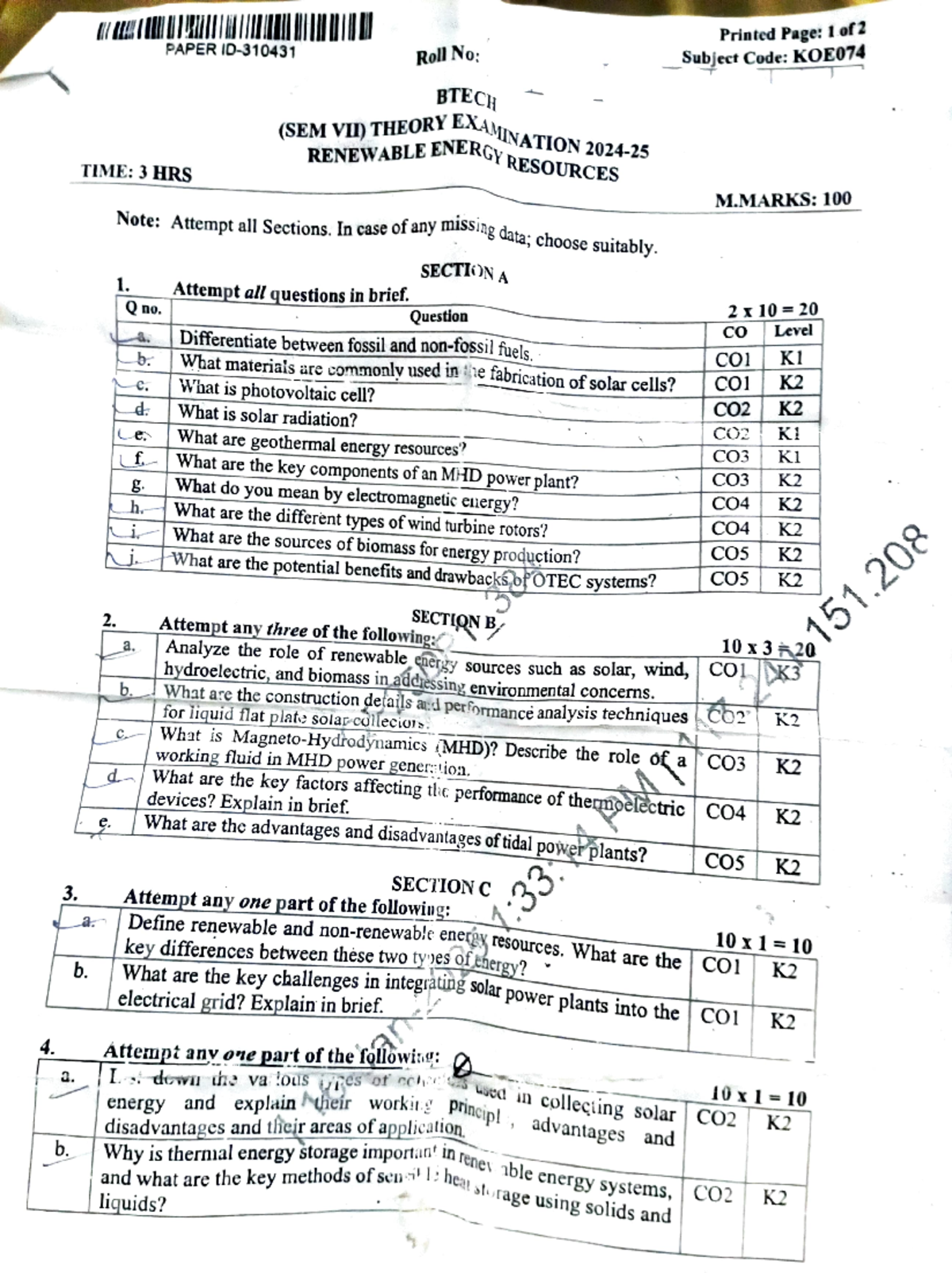 RER 2024-25 - REE KOE074 Renewable Energy Examination Paper - Studocu