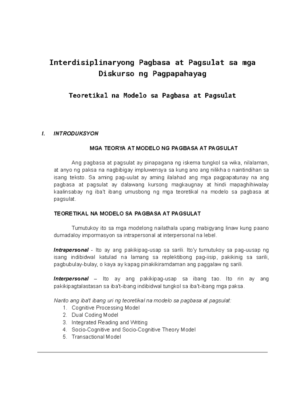 IPP Teoretikal na Modelo sa Pagbasa at Pagsulat - Interdisiplinaryong ...