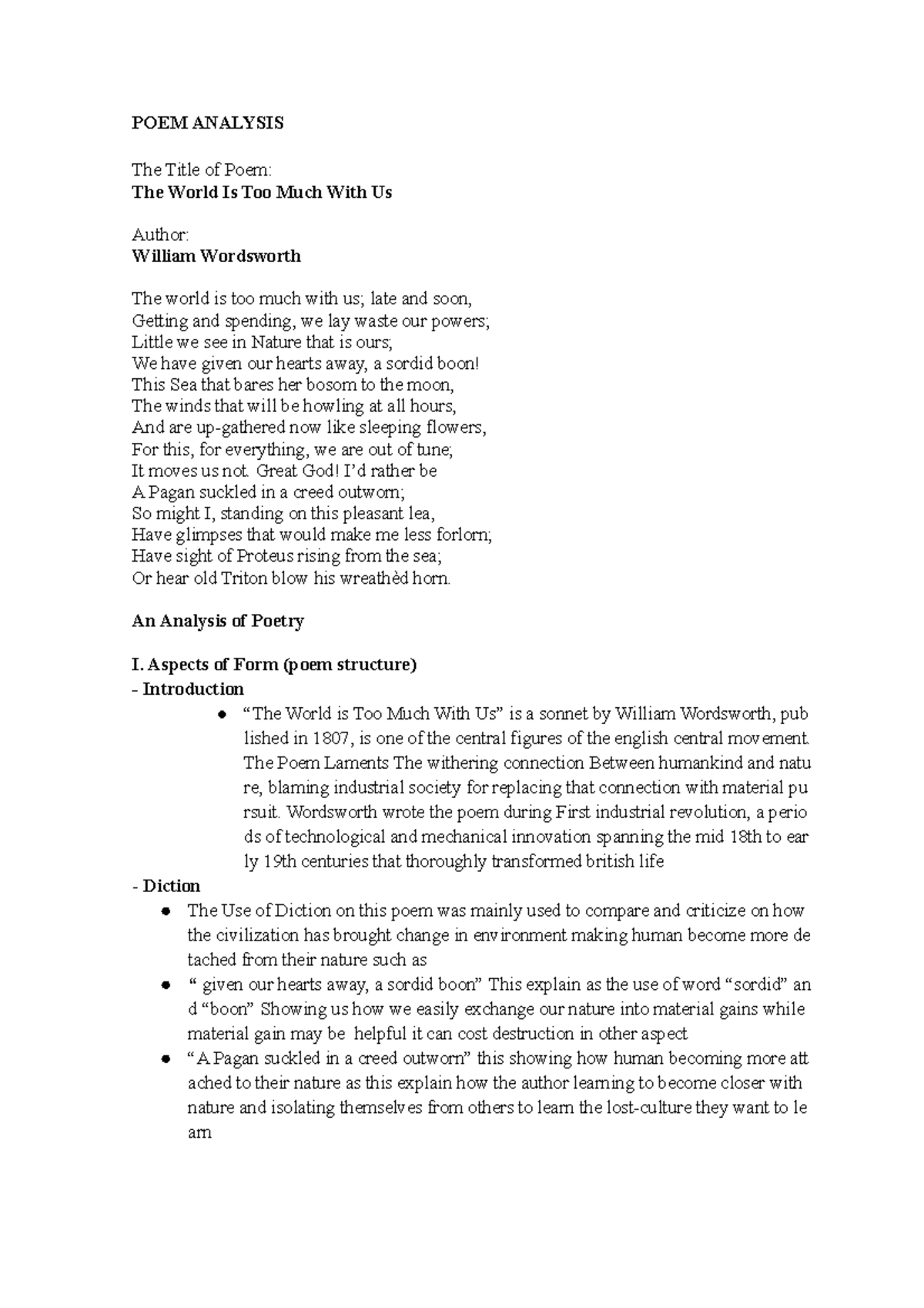 Analysis of "The World Is Too Much With Us" by W. Wordsworth - Poem ...