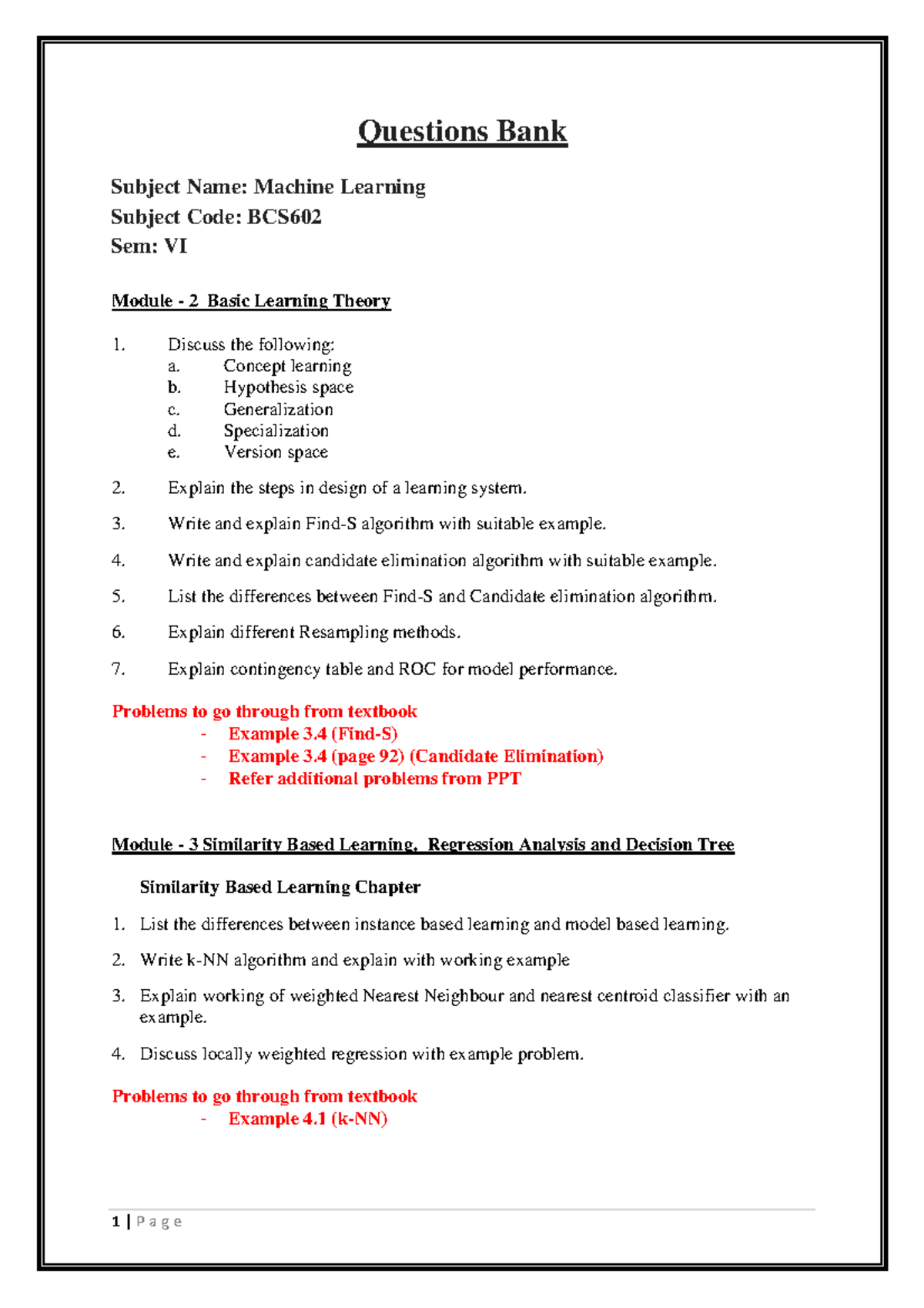 Question Bank for BCS602 Machine Learning - Sem VI Module 2 & 3 - Studocu