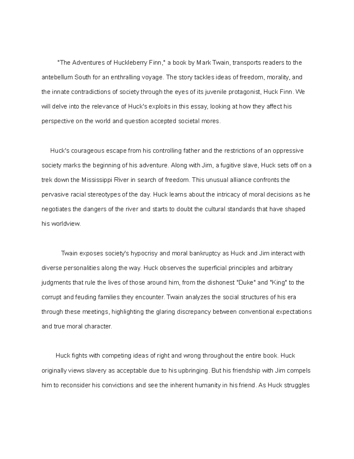 Huckleberry Finn Essay: Exploring Morality and Freedom in Twain's ...
