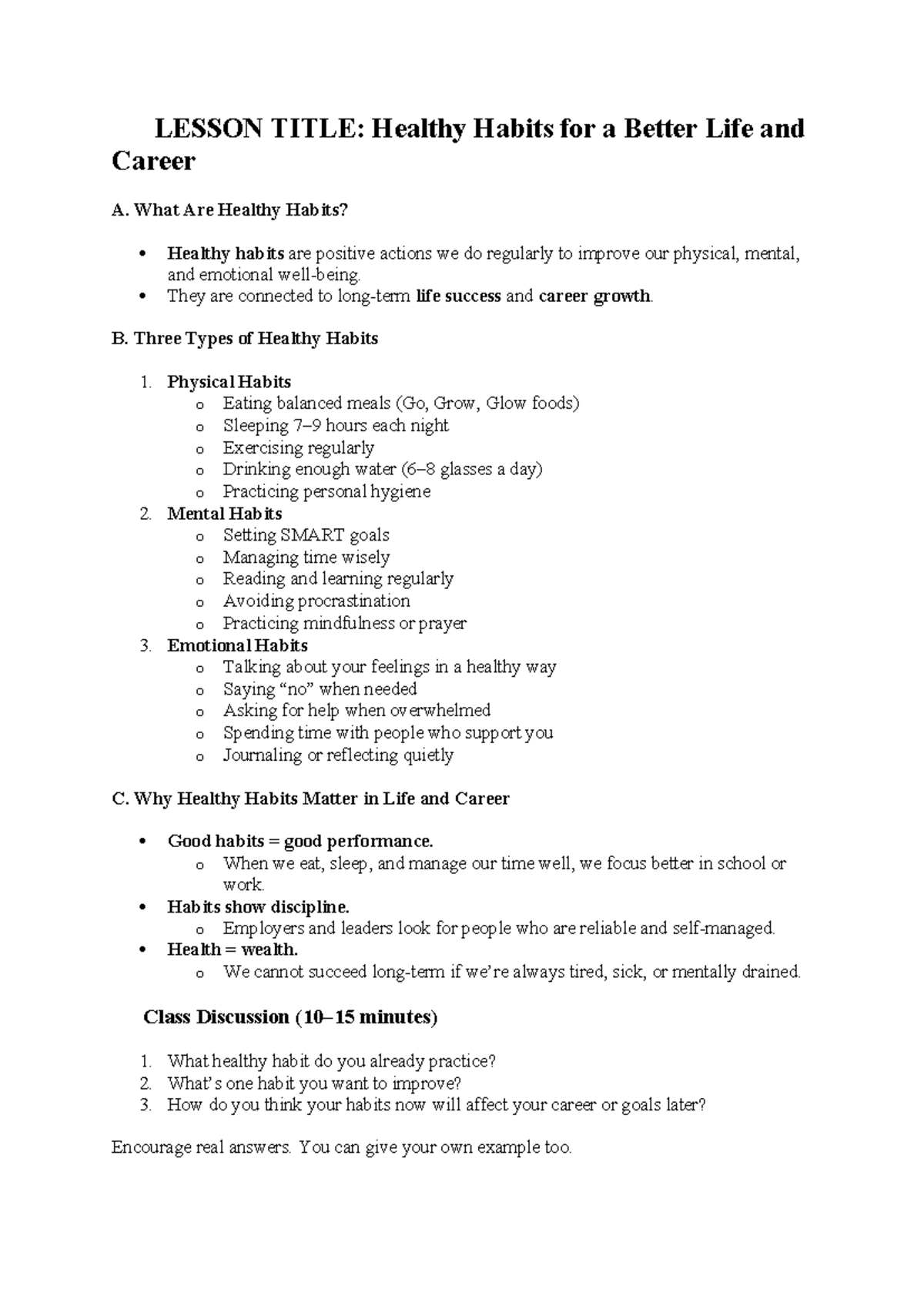 Lesson 3: Healthy Habits for Life & Career Success - Studocu