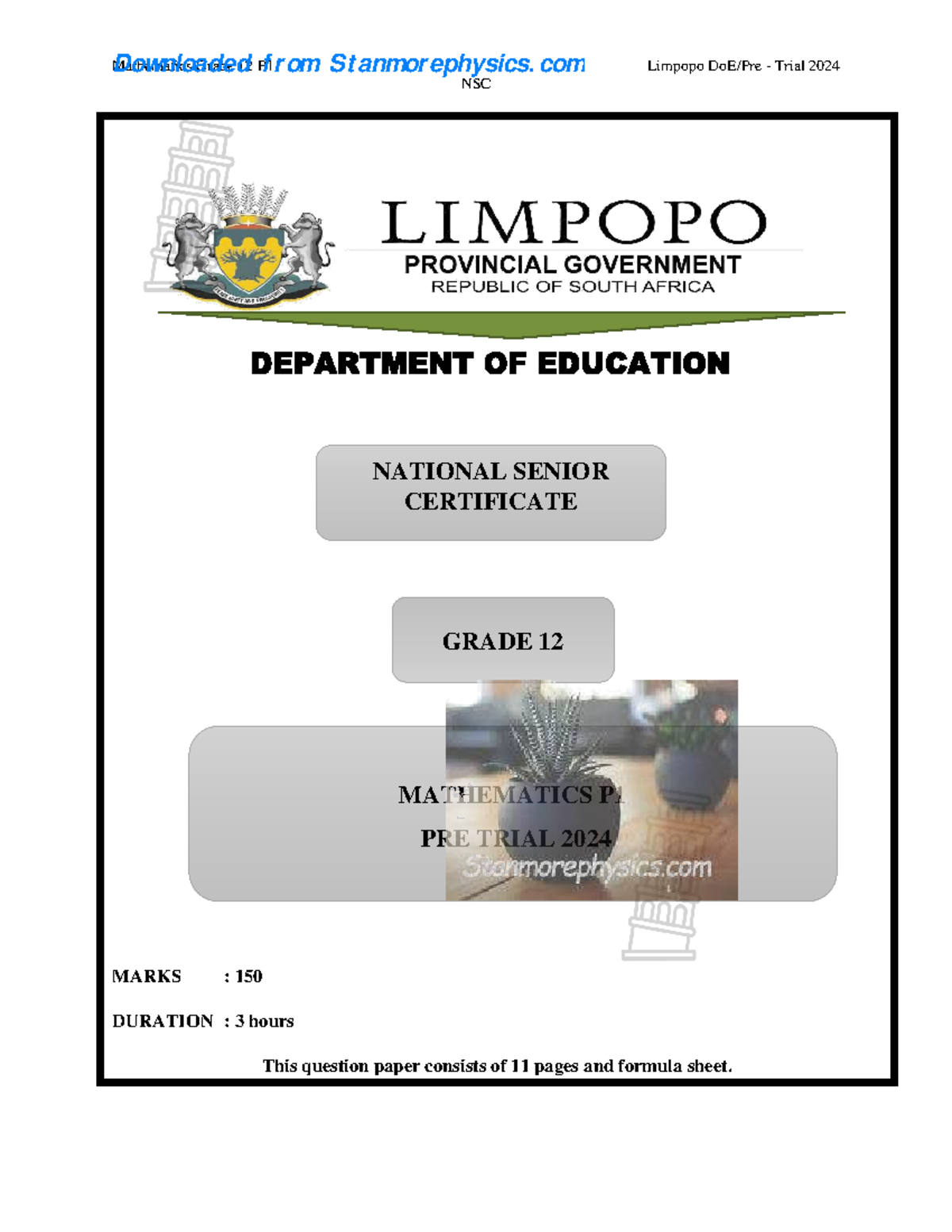 Grade 12 Maths Pre-Trial 2024 P1 Preparation Notes and Guidelines - Studocu
