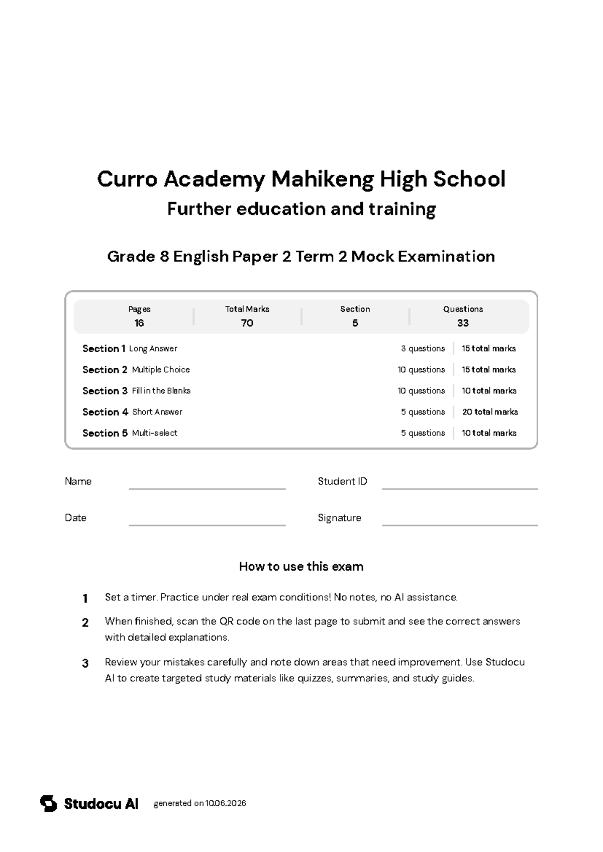 Grade 8 English Paper 2 Term 2 Mock Exam - Studocu