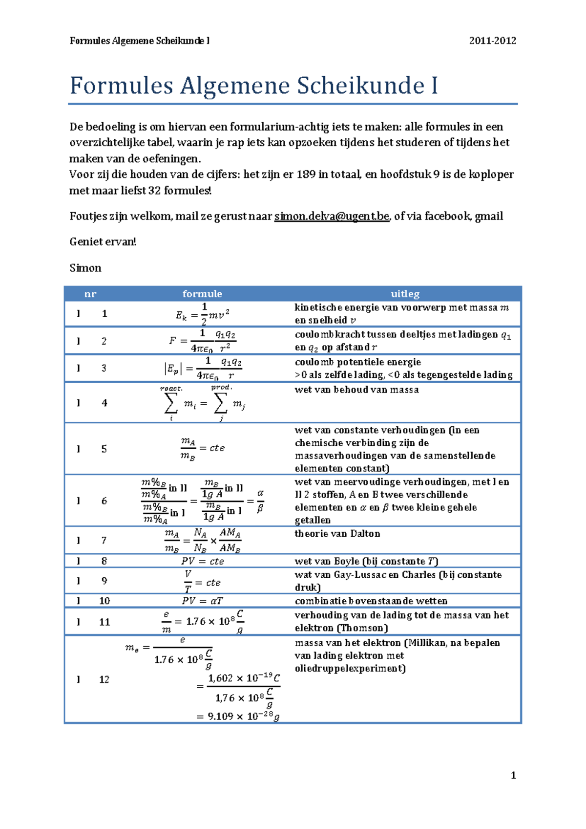 Formularium Algemene Scheikunde - Formules Algemene Scheikunde I De ...